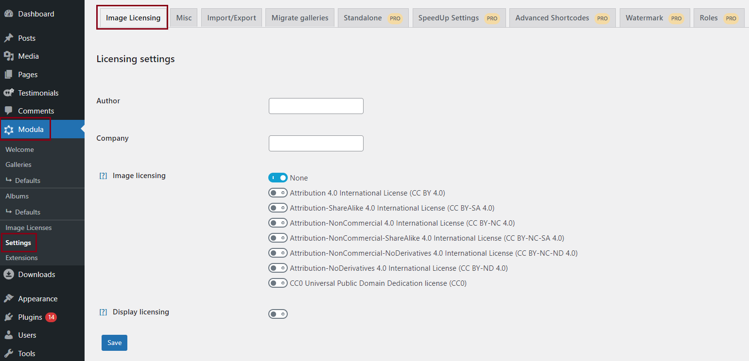 Image Licensing Settings – Modula